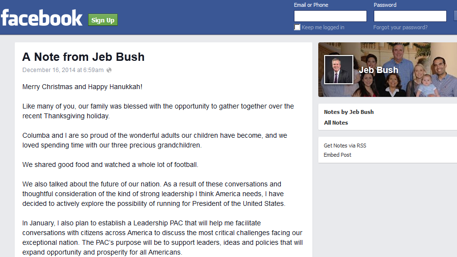 With Facebook Post, Jeb Bush Takes A Big Step Toward 2016 : It's All ...