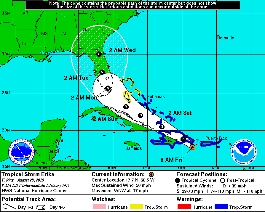 Tropical Storm Erika Heads For Hispaniola, With Florida Still In Its ...