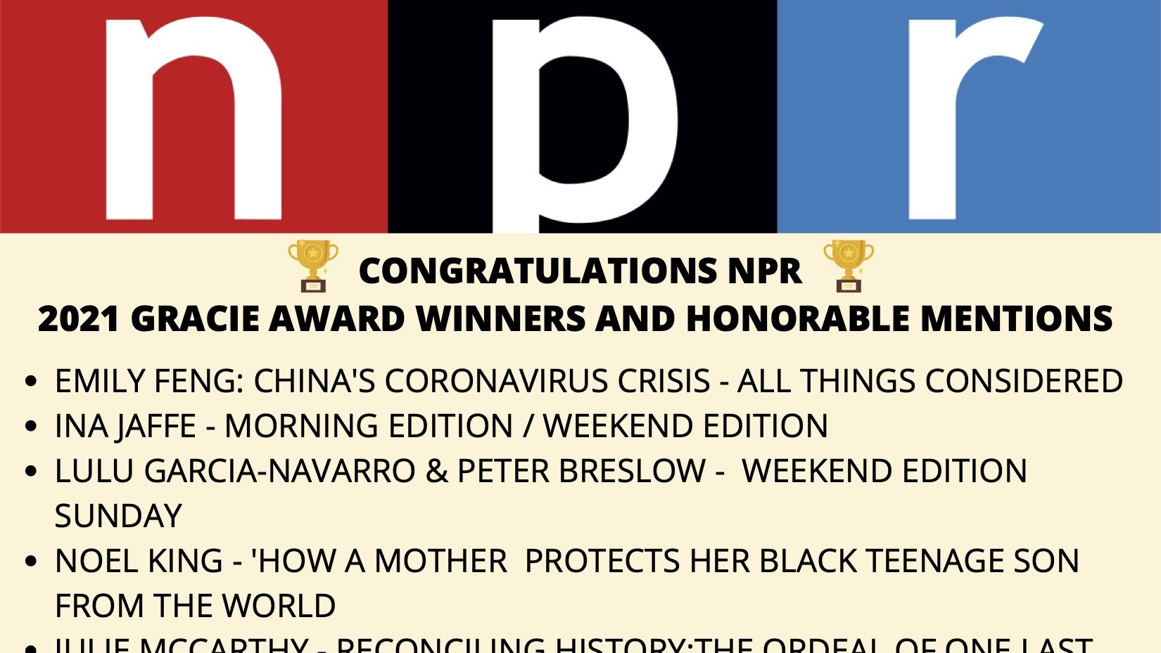NPR Wins Six Gracie Awards : NPR Extra : NPR