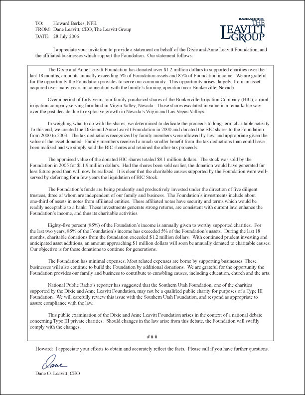 Leavitt Charity's $500,000 Returns, in the Form of Rent : NPR