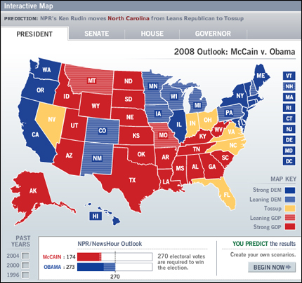 NPR Electoral Map: Obama 273, McCain 174 : Vox Politics : NPR